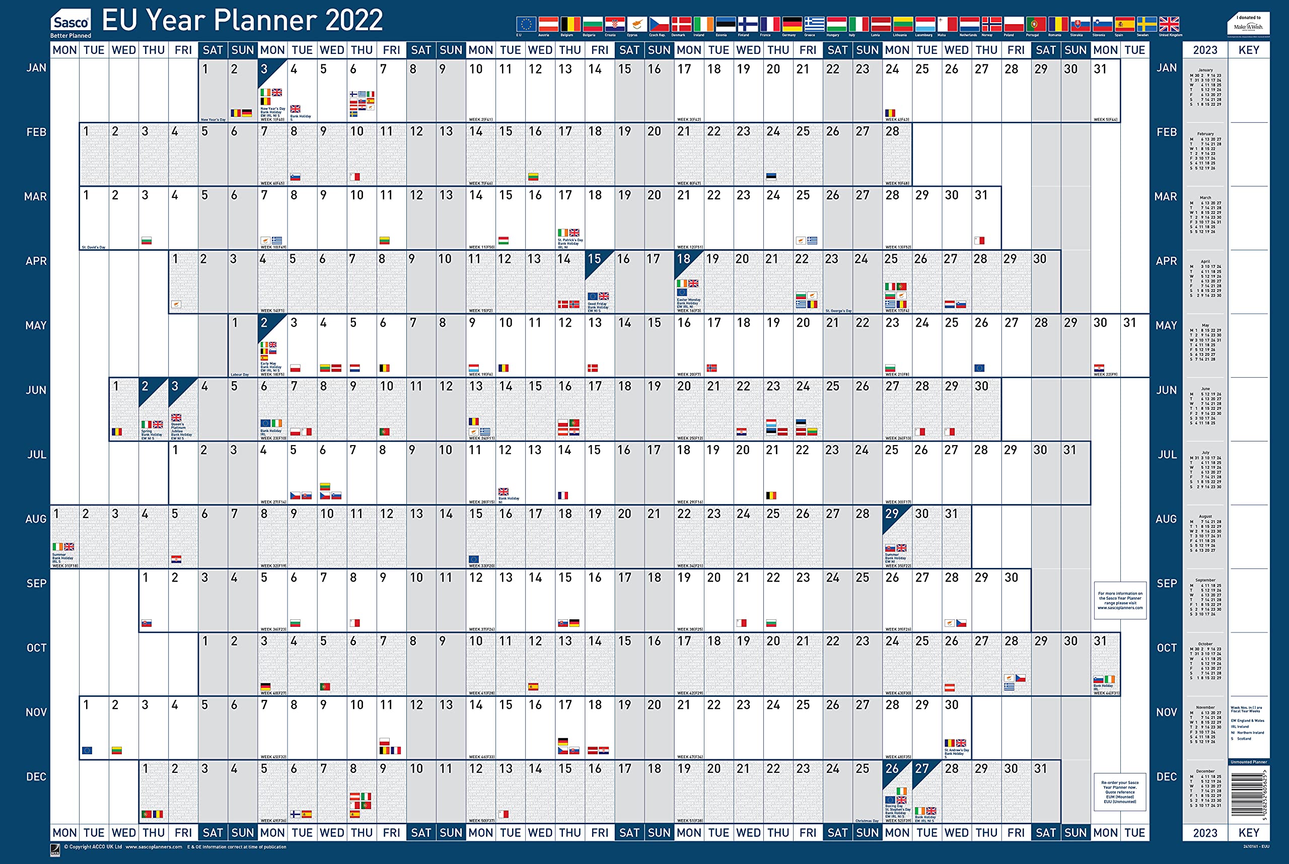 Sasco 2022 EU Year Wall Planner with wet wipe pen & sticker pack, Blue, Poster Style, 915W x 610mmH, 2410161