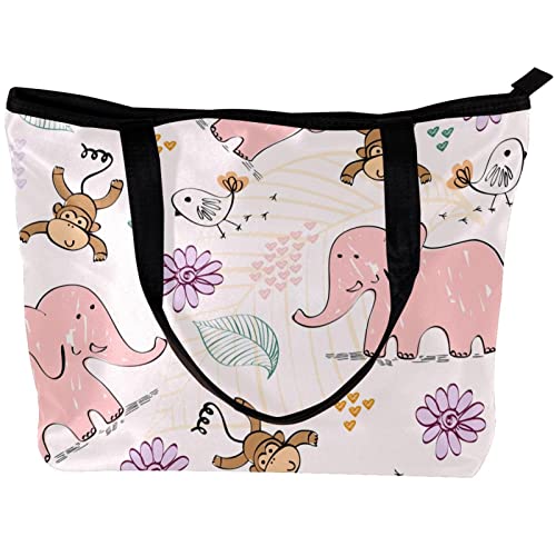 Women's Large Size Canvas Shoulder Bag Hobo Crossbody Handbag Casual Tote, Elephant Monkey Bird Cartoon Animal