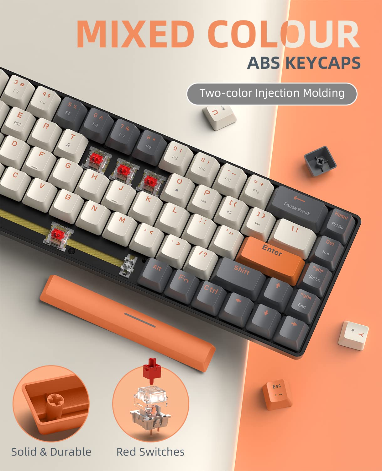 ZIYOU LANG RK68 60% Wireless Mechanical Keyboard, Bluetooth 5.0/2.4Ghz Dual Mode 2-in-1 USB-C Receiver Mini Mechanical Keyboard, Hot Swappable Red Switch Gaming Keyboard for PC/MAC/Laptops