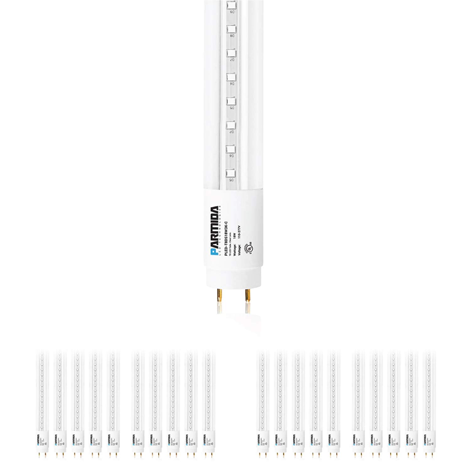 PARMIDA 20-Pack 4FT LED T8 Ballast Bypass Type B Light Tube, 18W, UL-Listed for Single-Ended & Dual-Ended Connection, 2200lm, Clear Lens, T8 T10 T12, UL, FCC - 5000K