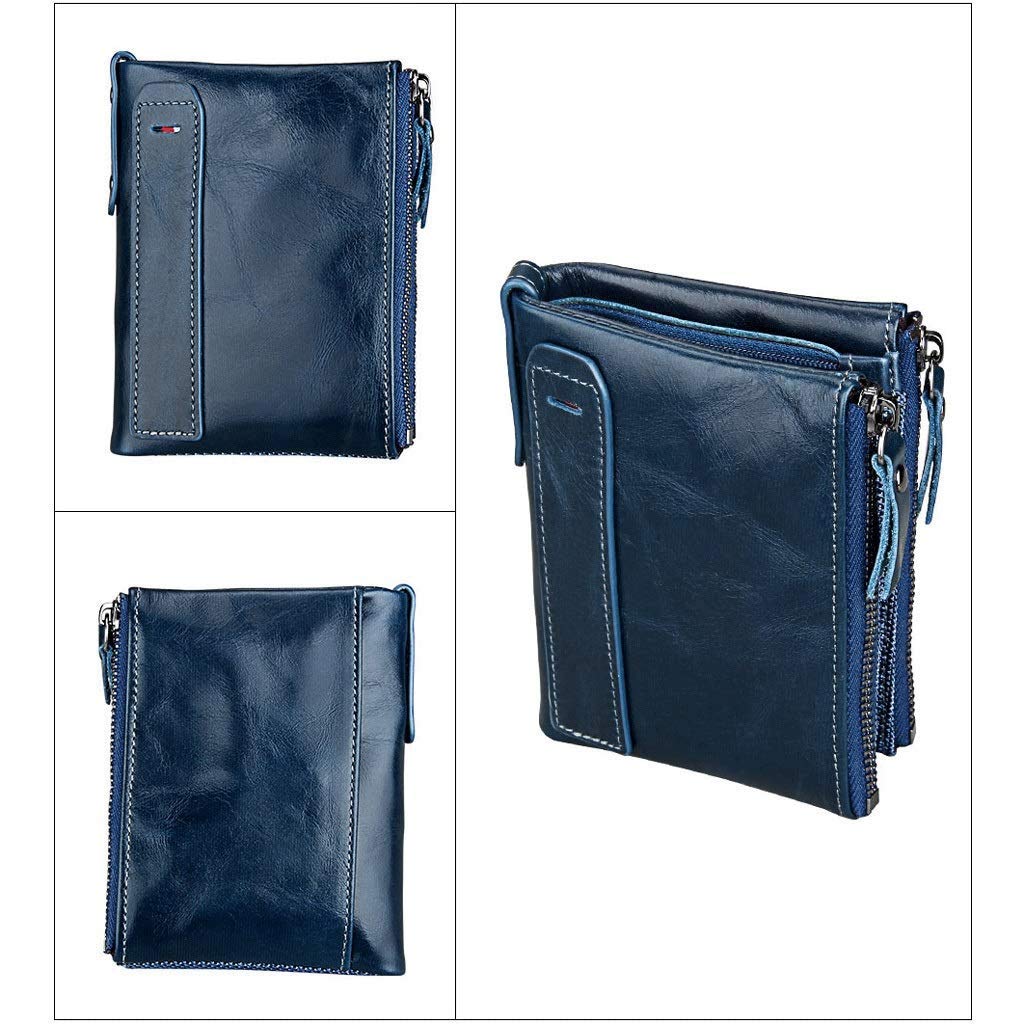TKFDC Mens Genuine Leather Zipper Wallet, Blocking Vintage Bifold Zip Around Credit Card Holder