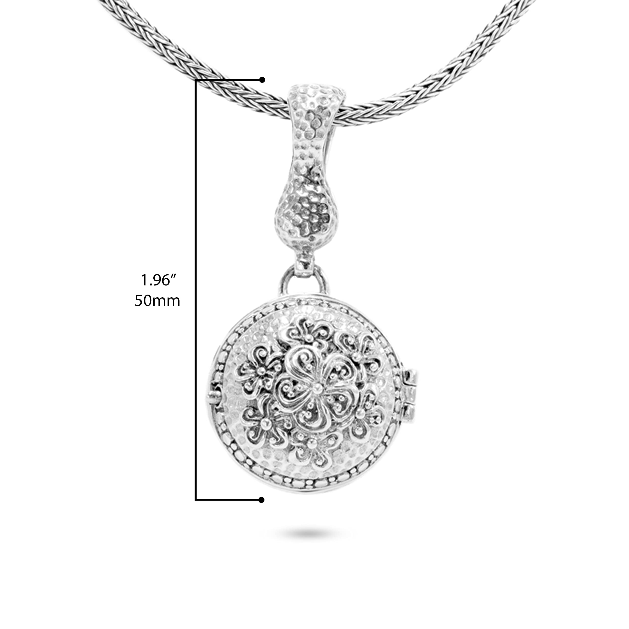 SARDA - .925 Sterling Silver 2" x 1" Frangipani Flower Hammered Chain Link Jawan Round Domed Locket Enhancer Pendant - Handmade by Bali Artisans