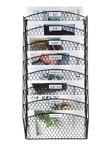 PAG Office Wall Organizer Metal Chicken Wire Hanging File Holder Paper Mail Literature Rack, 8 Pockets, Black