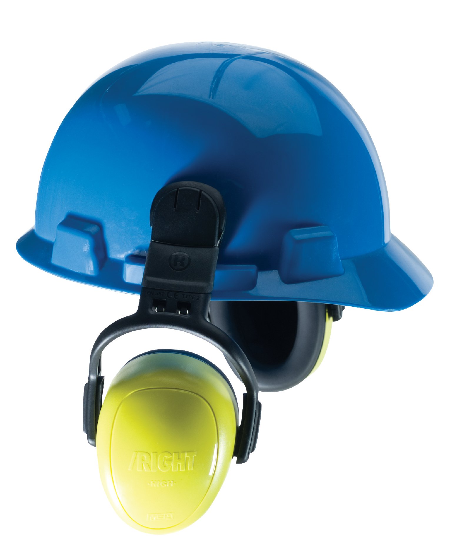 MSA 10087422 Left/Right Passive Cap-Mounted Earmuff, High, 28 dBA NRR, Yellow