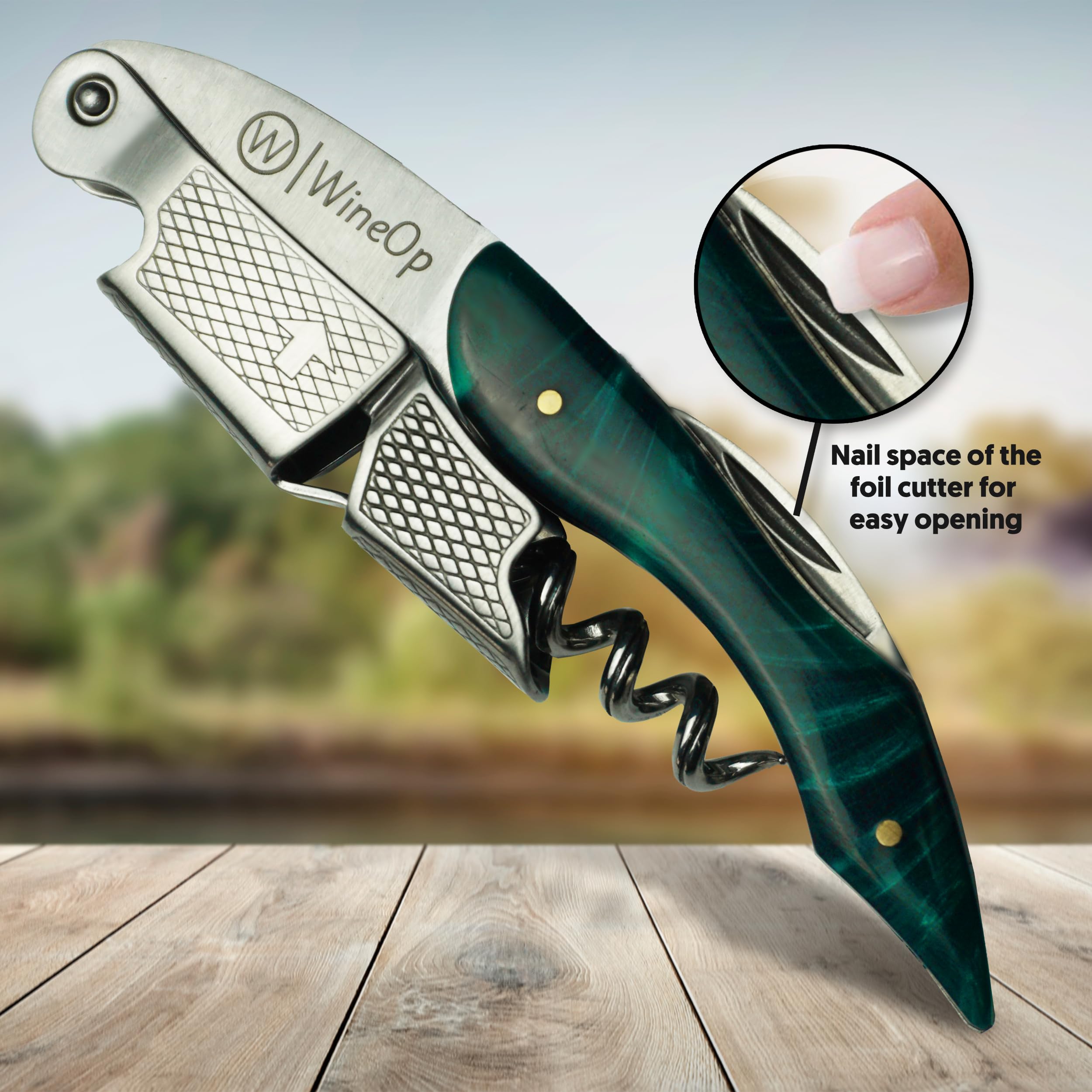 WineOp Professional Wine Key - Luxury Double Hinged Waiter's Corkscrew Wine Bottle Opener, Cork screwer for Sommeliers, Bartenders, Servers, All-In-One Stainless Steel (Green Jade Resin)