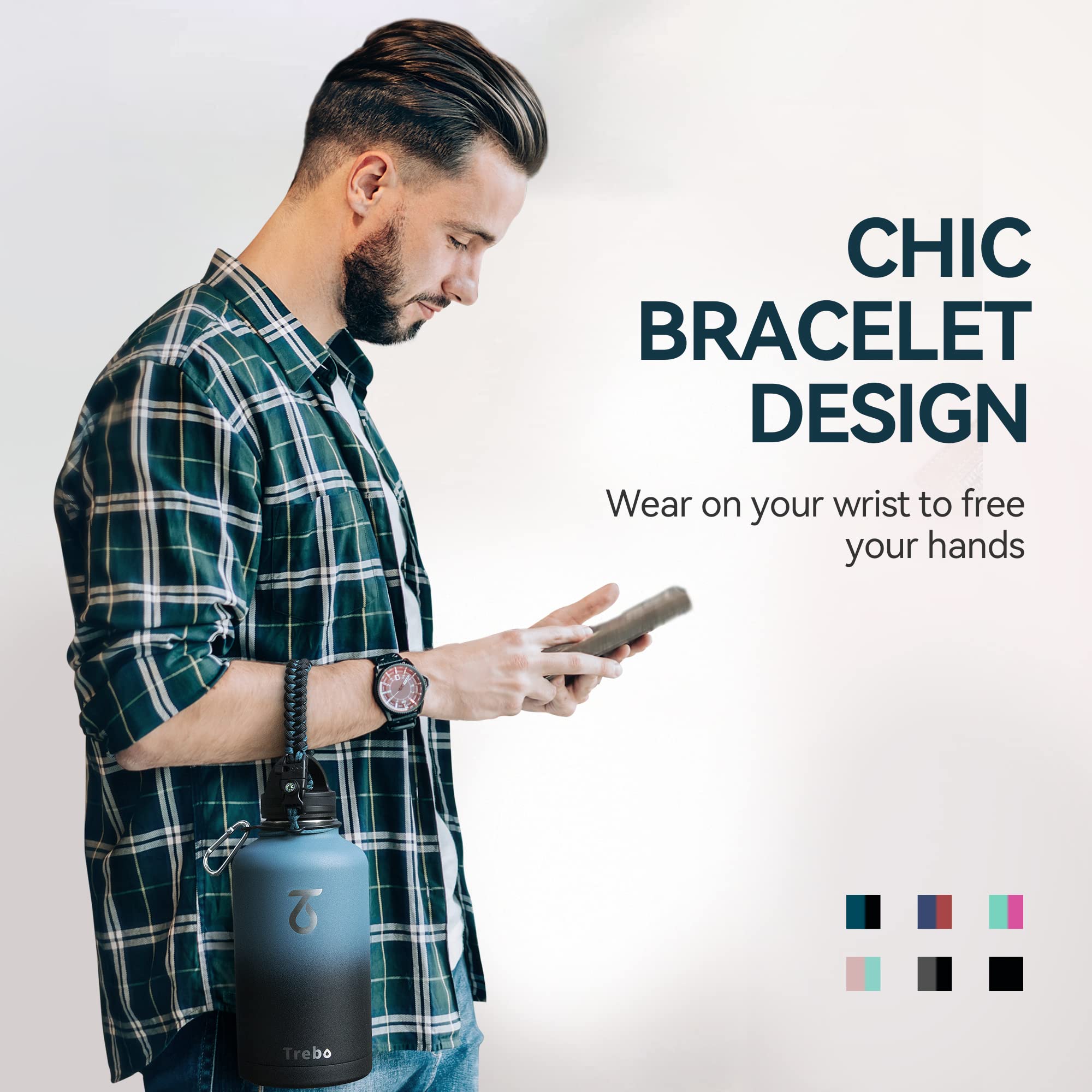 Trebo Water Bottle 64oz with Paracord Handle, Half Gallon Food-grade Double Wall Vacuum Stainless Steel Insulated Jug with Straw Spout Handle Lids,&Trebo 50 oz Mug Tumbler with Handle, Coffee Cup