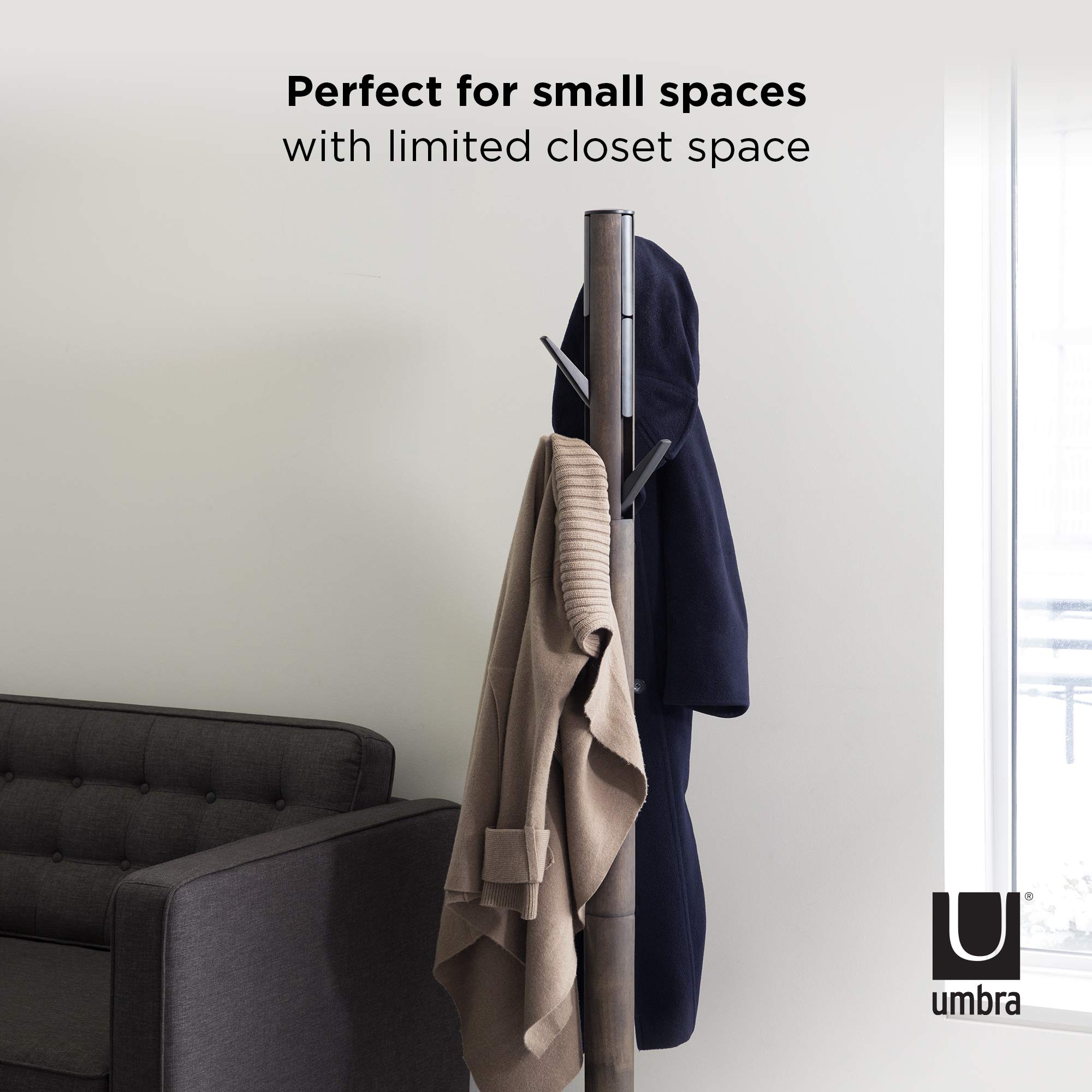 Umbra Flapper Coat Rack, Clothing Hanger, Umbrella Holder, and Hat Organizer, Great for Entryway, Black/Walnut (320361-048)