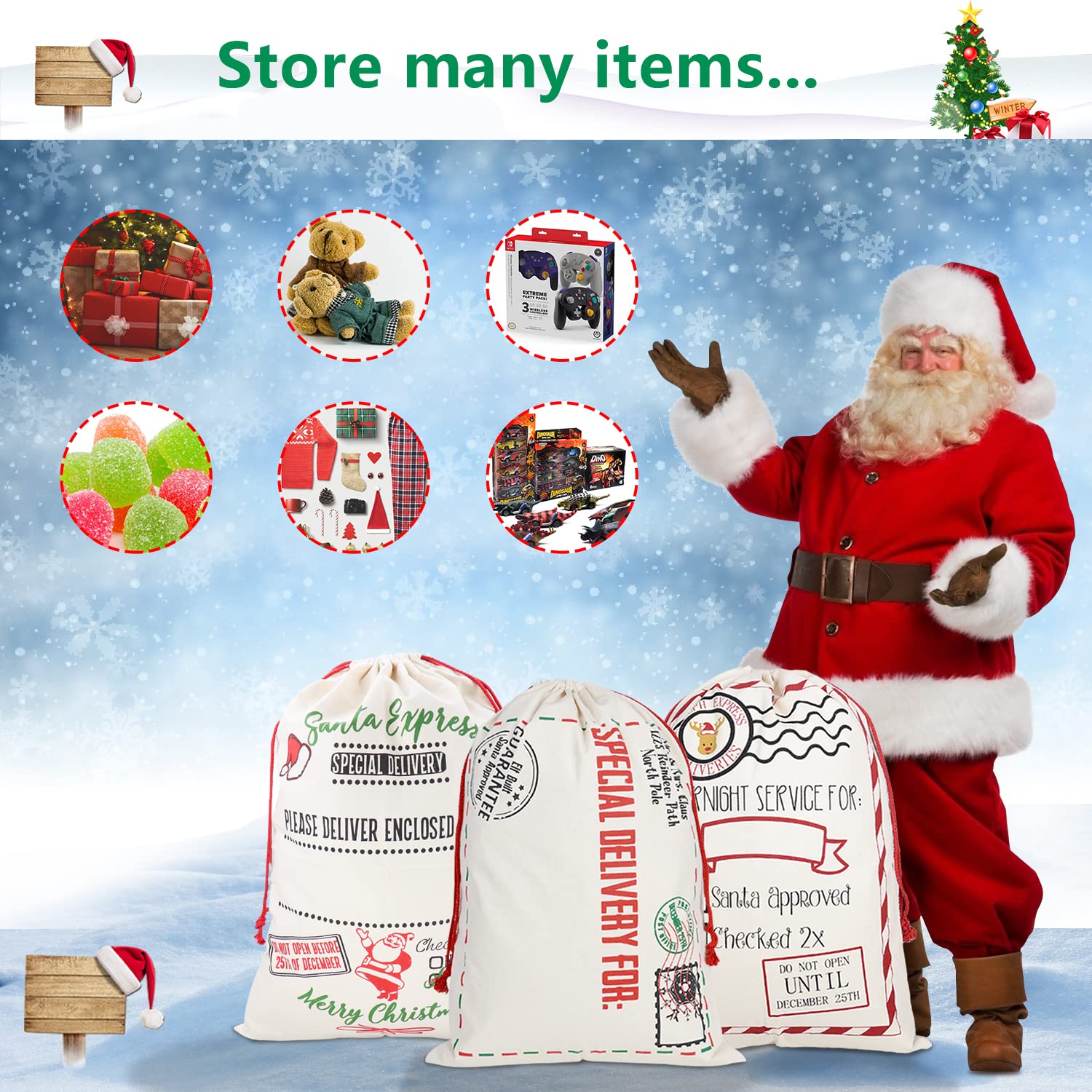 PIXHOTUL 6 Pack Santa Sacks Large Christmas Cotton Bags Drawstring Christmas Sacks for Kids 27.5" x 19.5"
