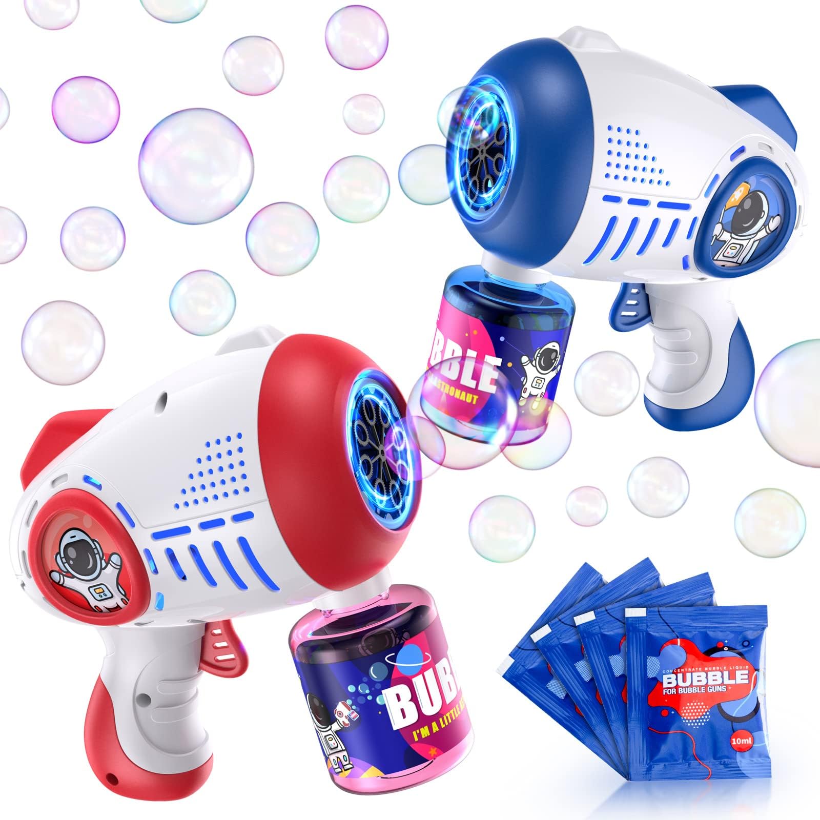 Minetom 2 Bubble Guns for Kids Toddlers with 2 Bottles Bubble Solution, 360-Degree Leak-Proof Design Bubble Blower for Party Favors, Summer Toy, Outdoors Activity