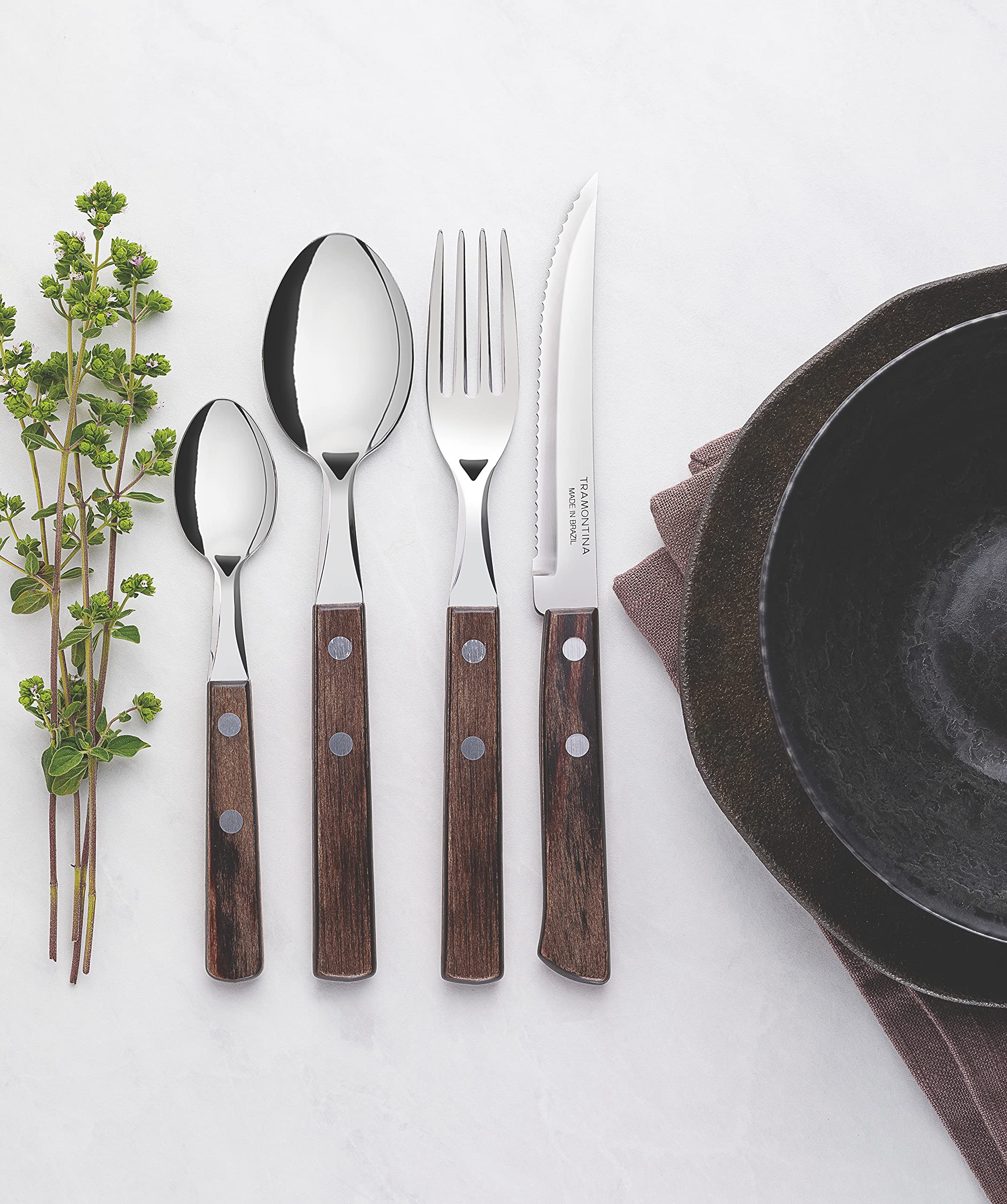 Tramontina Cutlery Set with Steak Knives, 24 Piece Sharp Knife, Forks, Teaspoons, Tablespoons with Wooden Handles, Camping, Kitchen, Rustic, Dishwasher Safe, 21199905
