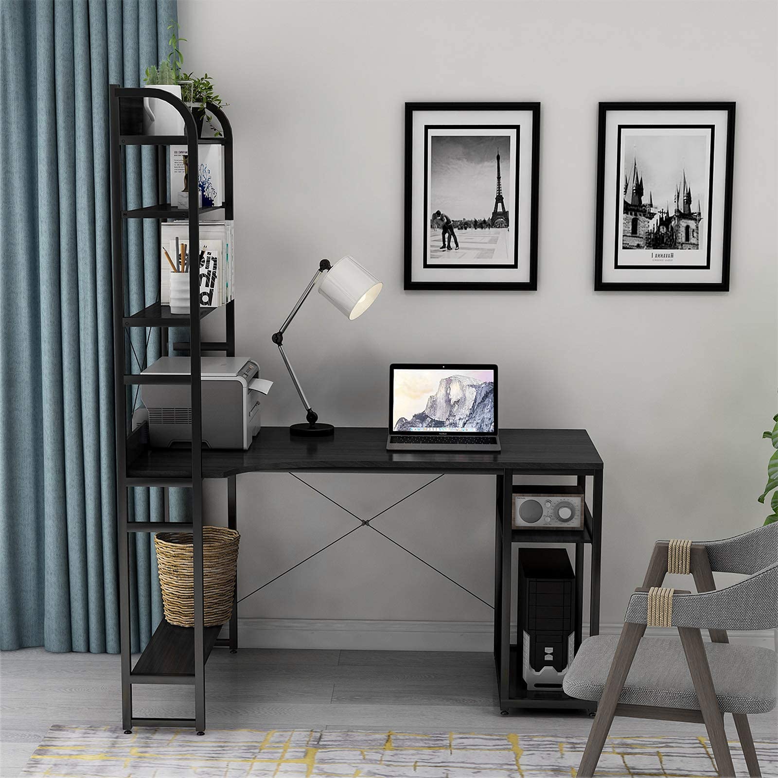 NA Computer Desk - 55" Large Home Office Desk for Workstation, Study Writing Gaming Table with 5 Tier Book Shelves and 2 Tier Open Storage Hutch, Black