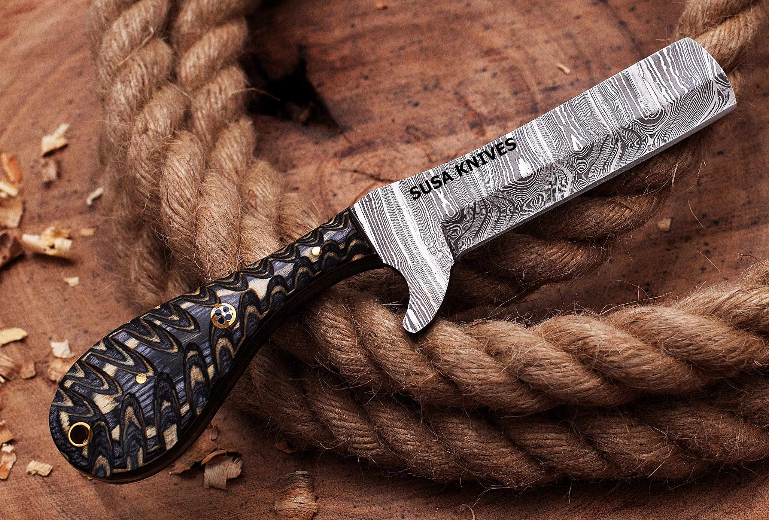 SUSA KNIVES Handmade Damascus Steel Bull Cutter Knife, Cowboy Fixed Blade knife, Wood Handle, EDC Knife PANCAKE Leather Sheath Gift For Men