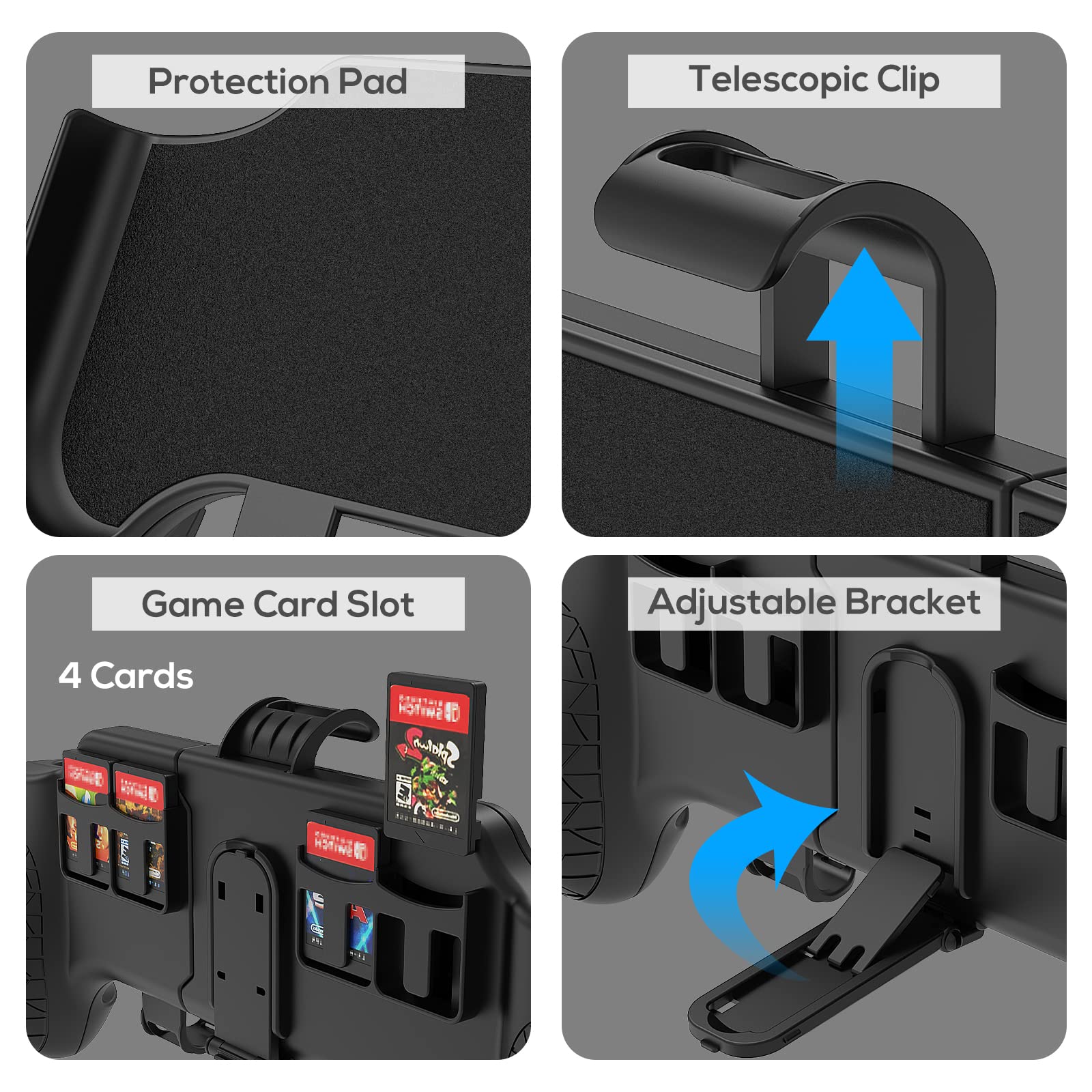 Universal Handheld Grip Case for Switch OLED, YUANHOT 3-in-1 Upgraded Ergonomic Grip Handle Holder with Adjustable Stand and Game Slots Compatible with Switch, Switch OLED & Lite Console - Black