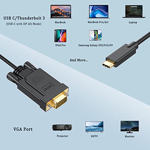 UVOOI USB C to VGA Cable 3 Feet, USB Type C to VGA Adapter 3.3FT Cable Compatible with Thunderbolt 3, MacBook Pro/Air, iPad Pro, Dell XPS 13/15/17, Surface Book 3/Pro 7, Samsung Galaxy S22/S20/S10