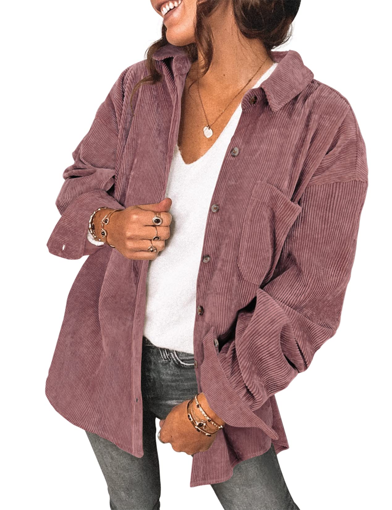 Saslax Womens Corduroy Shirt Long Sleeve Oversized Button Up V Neck Blouses Tops Loose Shacket Jacket with Pockets Mauve L