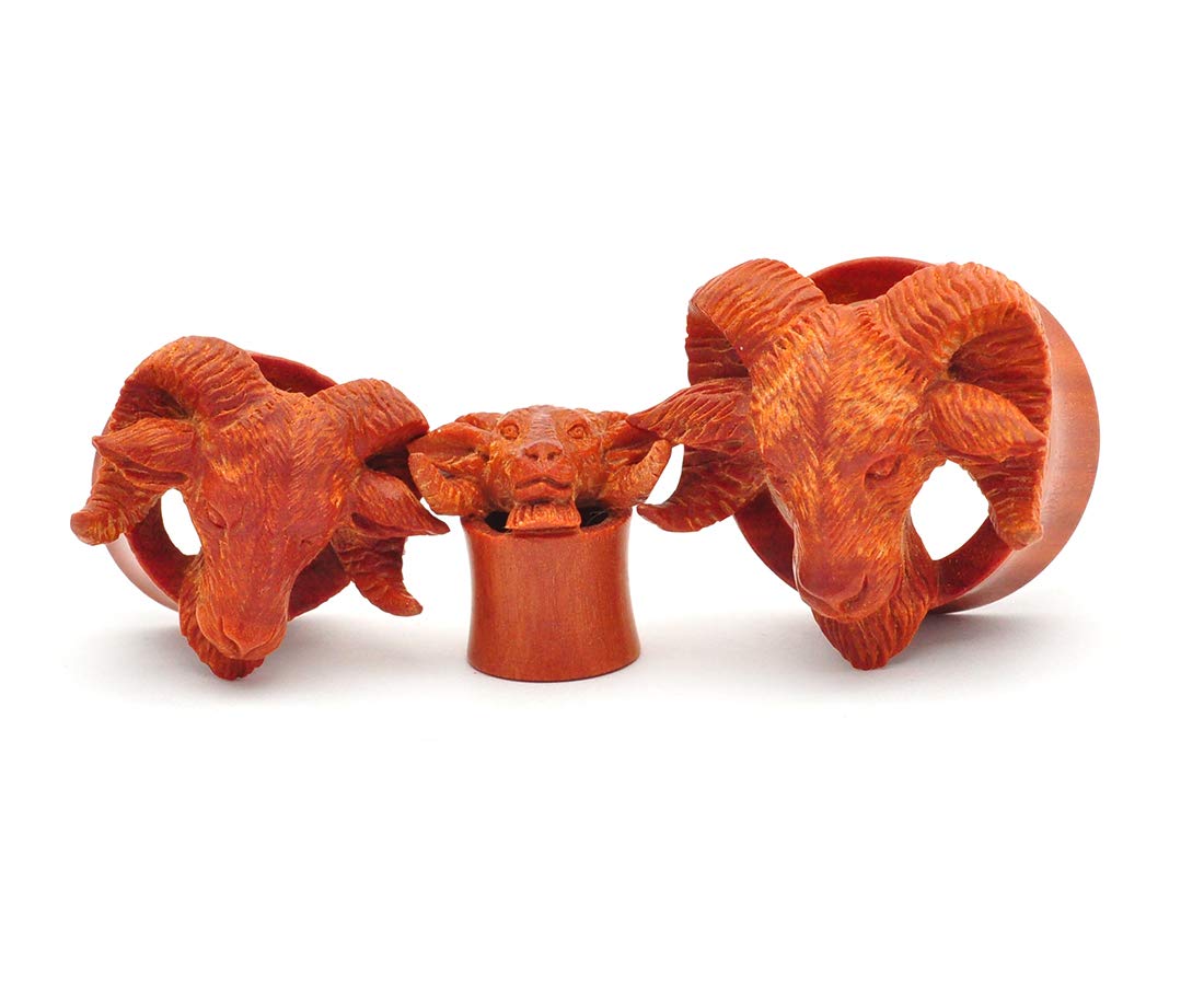 Mystic Metals Body Jewelry Pair of Hand Carved Saba Wood Goat Head Plugs(PW-340) (5/8" (16mm))