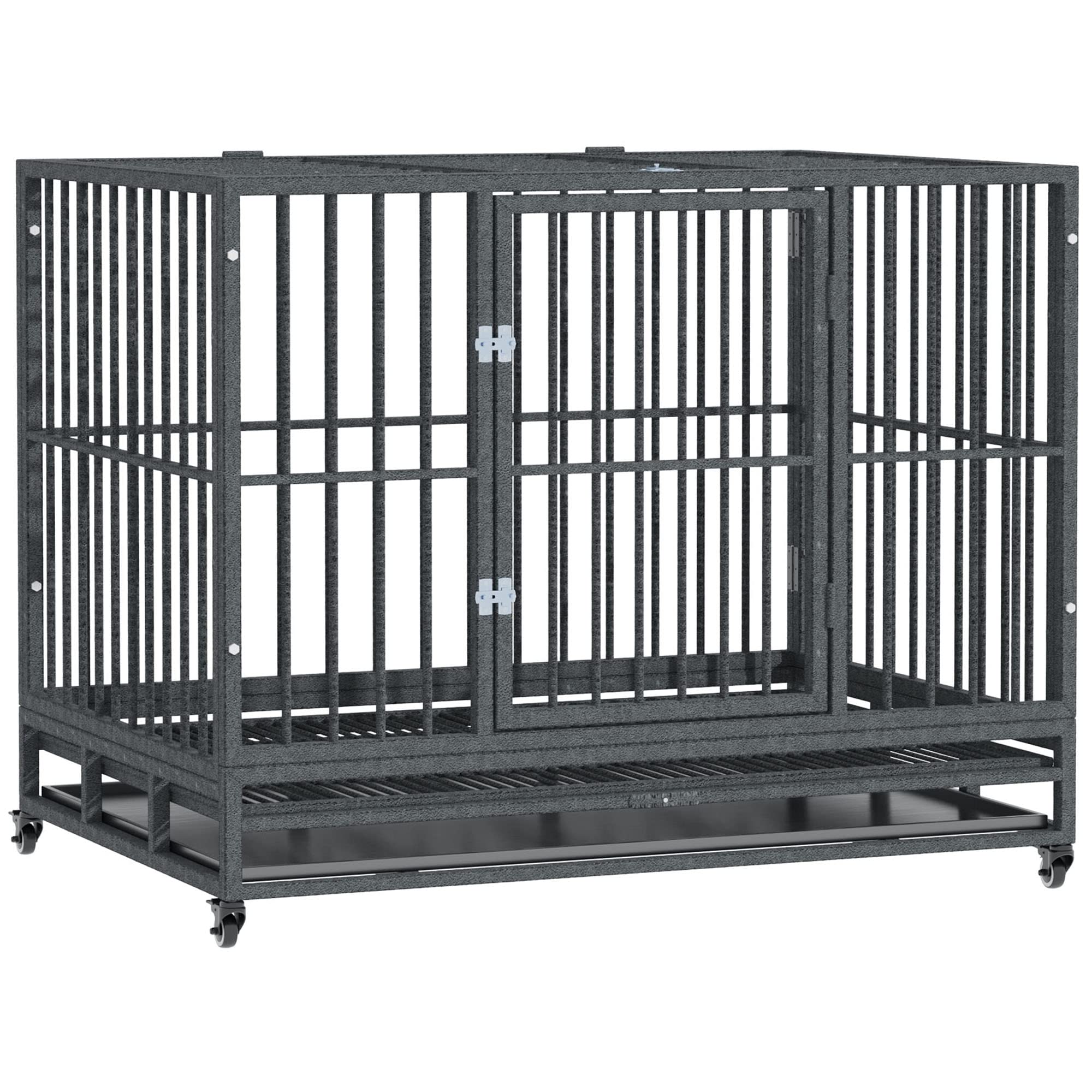 PawHut 43" Heavy Duty Dog Crate Metal Cage Kennel with Lockable Wheels, Double Door and Removable Tray, Gray
