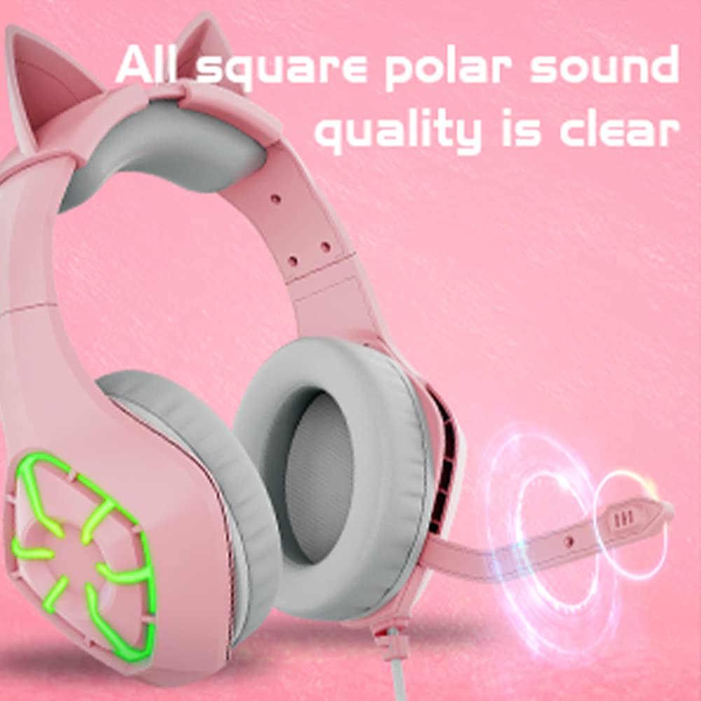 SYCOOVEN Gaming Headset with Mic, 3.5MM Cat Ear Headphones Lightweight Over Ear Headphones LED Light(Pink)