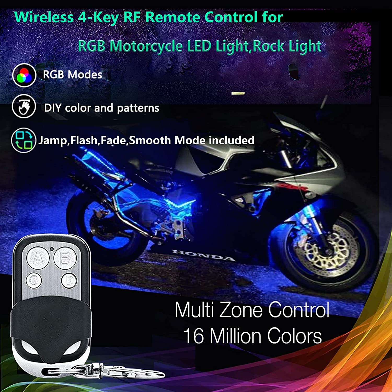 NBWDY Wireless 4-Key RF Remote RGB LED Controller for Car Neon LED Strip Light RGB Morcycle LED Light Kit Rock Lights Strobe Breath Speed Function