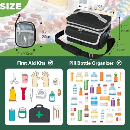 RONCHIL Medicine Storage Bag Pill Bottle Organizer with Portable Small Pouch Travel Medication Bottle Organizer for Emergency Home First Aid Box Kit Empty with Shoulder Strap Black