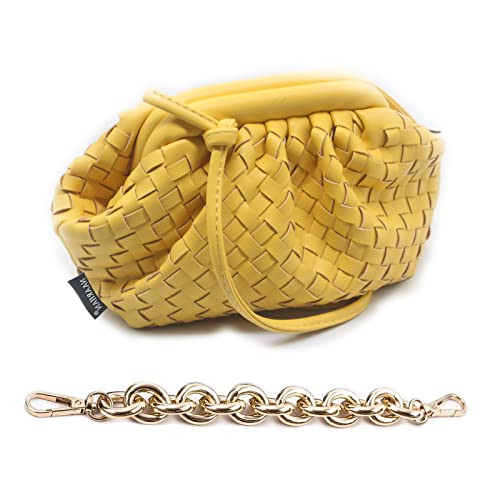 NAARIIAN Trendy Dumpling Ruched Clutch Cloud Shape Dupe Chunky Chain Shoulder Bag PU Leather Woven Handbag(Yellow S)
