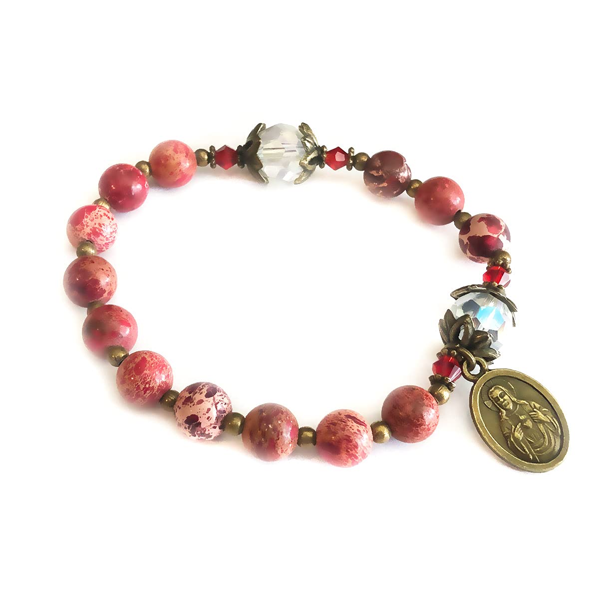 Sacred Heart of Jesus Stone and Crystal Rosary and Bracelet Deluxe Boxed Set