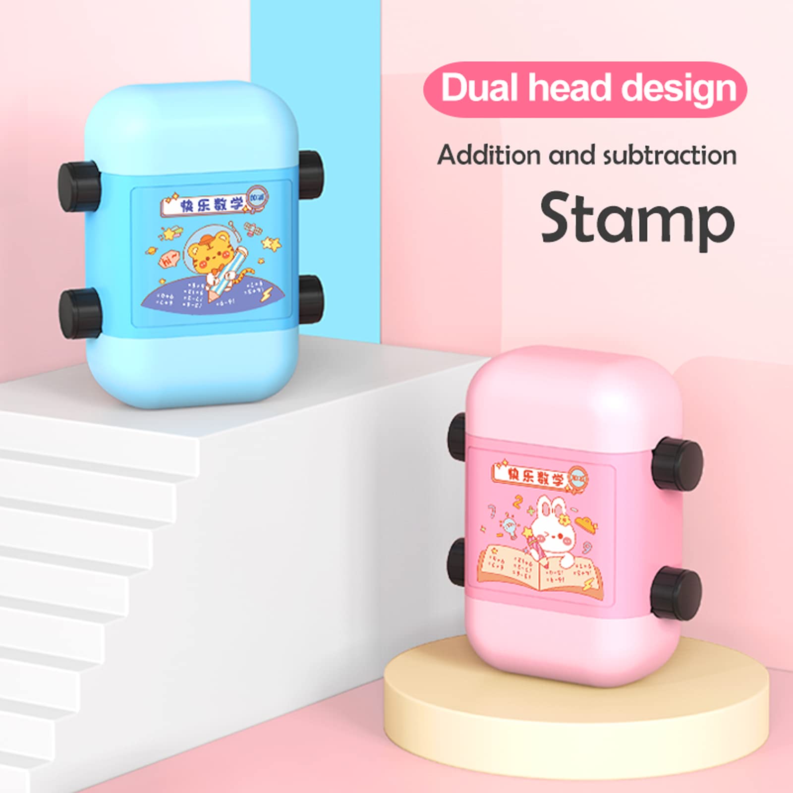 Teaching Stamps for Kids,2 in 1 Math Practice Stamps Within 100,Addition and Subtraction Dual Head Smart Math Roller Stamp,Math Learning Toy for Preschool Kindergarten Classroom Supplies Pink