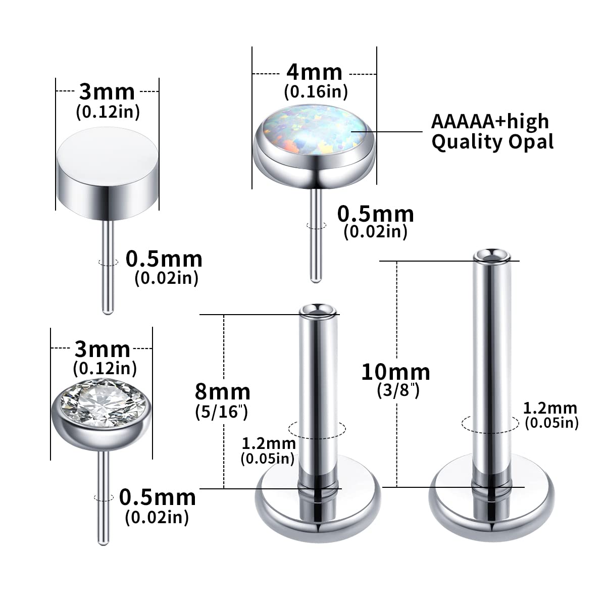 VOJO 16G G23 Titanium Industrial Piercing Jewelry,Internal Thread CZ Cartilage Barbell Earring for Women Men (6/6/8mm,White Opal)