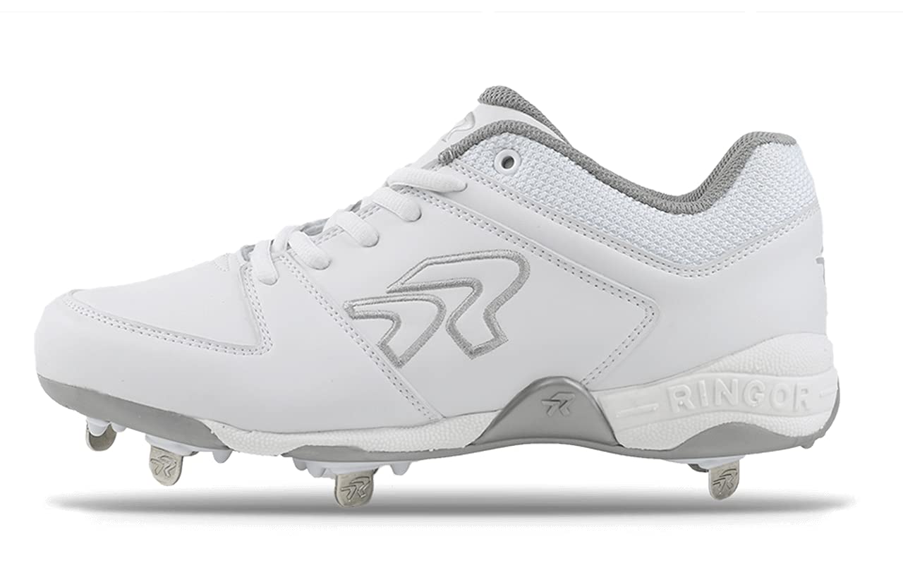 Ringor - Women's Flite Metal Spike Softball Cleats (9.5 White/Silver)