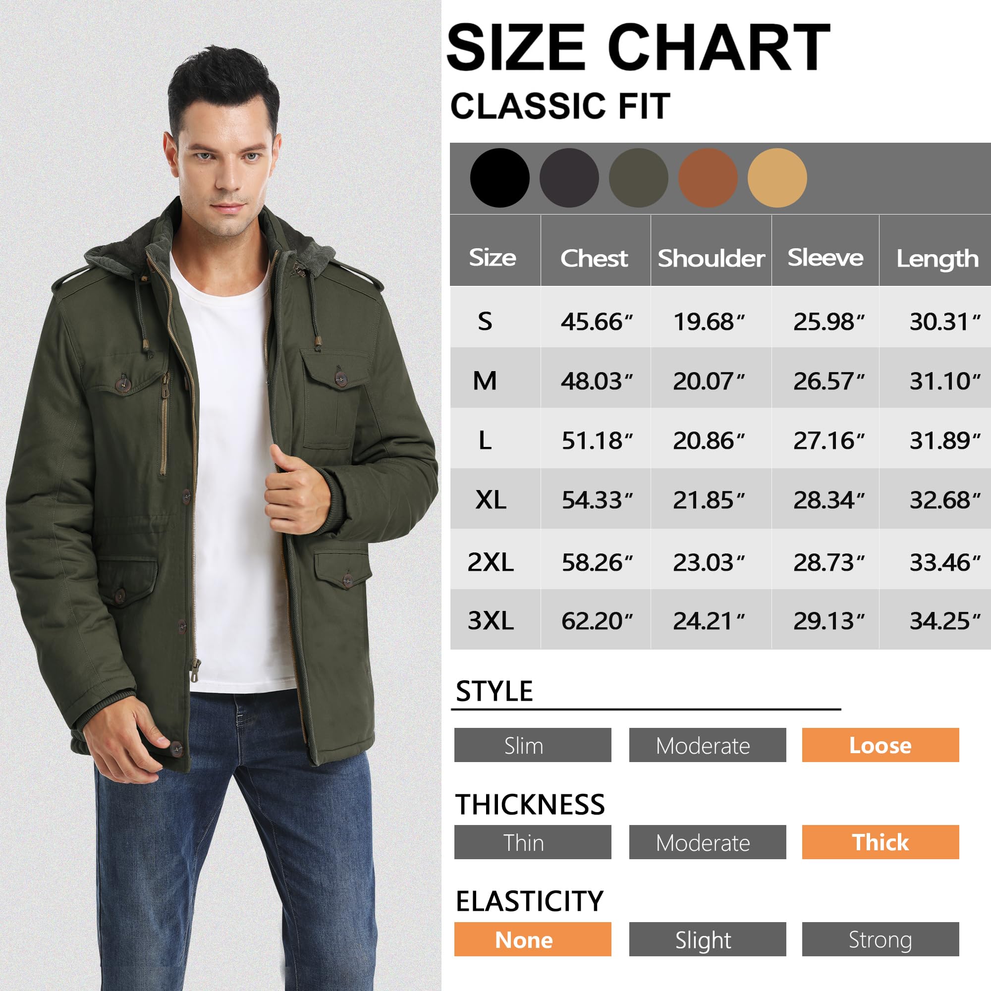 Men's Winter Thicken Parka Jacket Casual Military Warm Coat with Removable Hood (Army Green,XL)