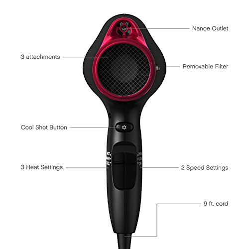 Panasonic Nanoe Hair Dryer, 1875 Watt Professional Blow Dryer for Smooth, Shiny Hair with 3 Attachments Quick Dry Nozzle, Diffuser and Concentrator Nozzle โ EH-NA65-K (Black/Pink), Black