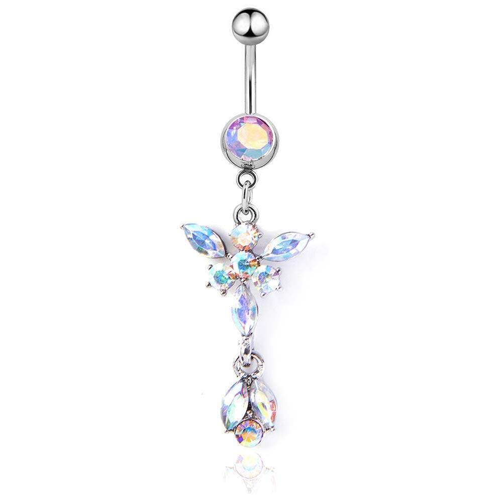 Shuning 5PCS 14G Stainless Steel Belly Button Rings for Women Turtle Elephant CZ Navel Rings Dangle Body Piercing Jewelry