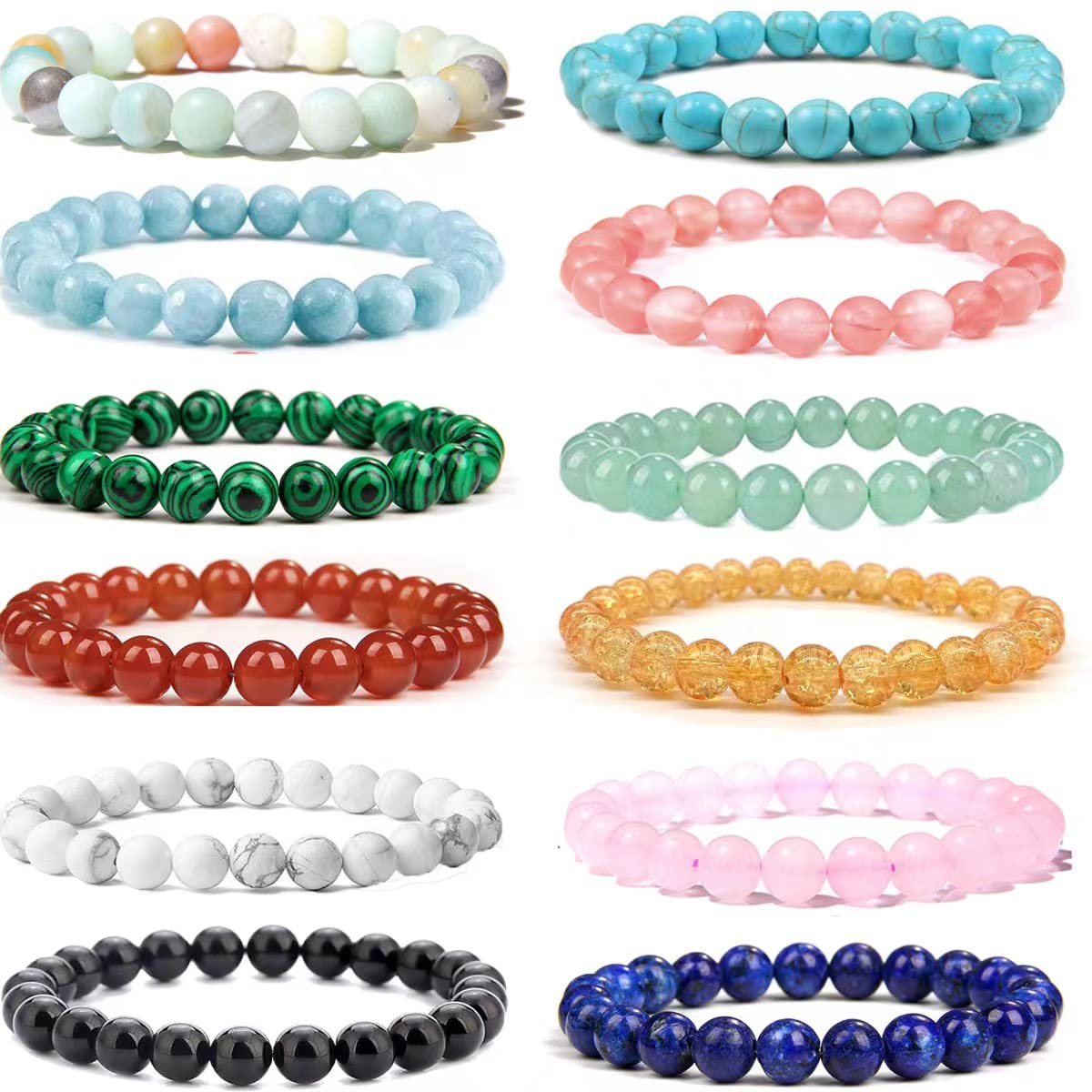 Svovin 12 Pcs 8mm Gemstones Beaded Bracelets for Women Men Stone Bead Healing Stretch Round Bead Crystal Semi-Precious Bracelets Unisex