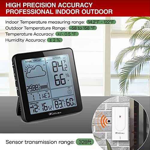 Wittime 2180 Weather Station with Atomic Clock Indoor Outdoor Thermometer Wireless Wireless Temperature and Humidity Monitor Inside Outside with Sensor Battery Powered