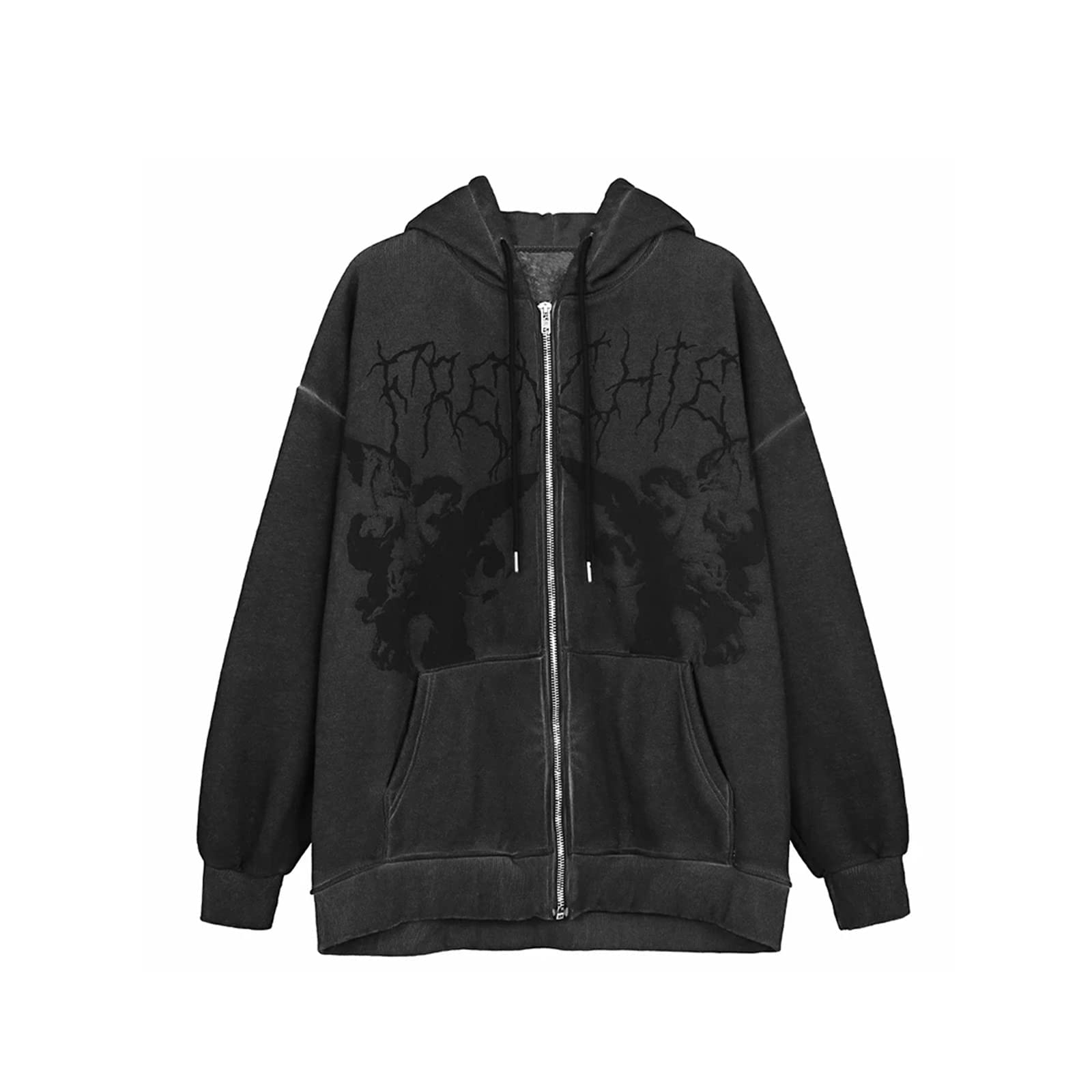 Sunwittafy Women's Aesthetic Graphic Print Hoodie Y2k Long Sleeve Zip Up Hoodies Oversized Hooded Sweatshirt Vintage Streetwear Black