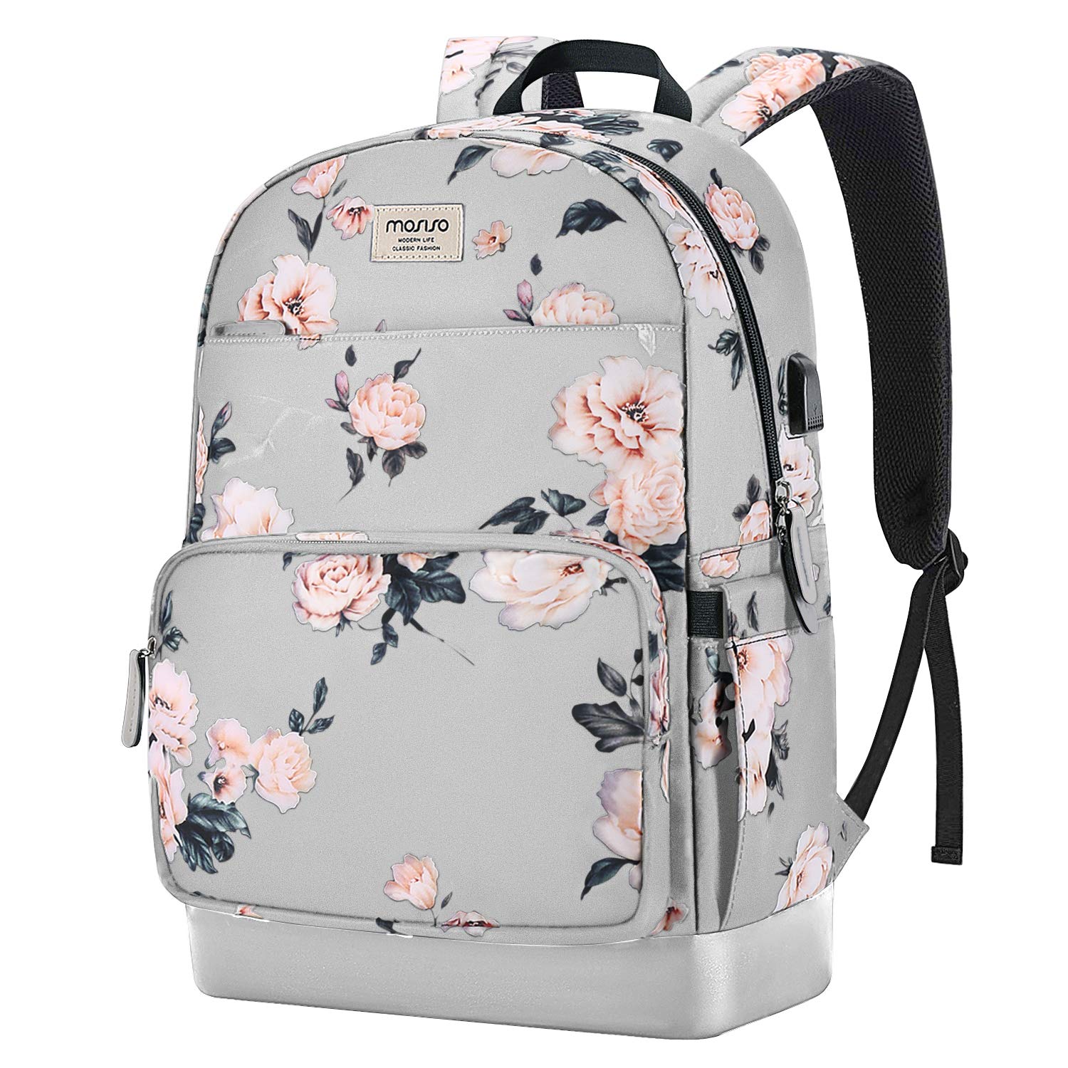 MOSISO 15.6-16 inch Laptop Backpack for Women, Polyester Anti-Theft Stylish Casual Daypack Bag with Luggage Strap & USB Charging Port, Camellia Travel Backpack, Grey