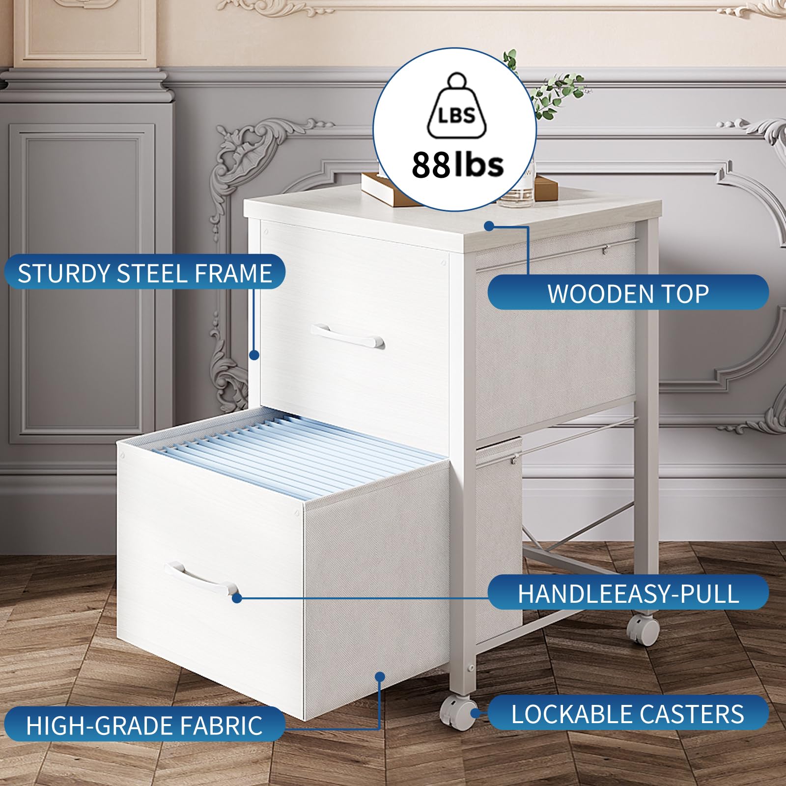 ROSONG 2 Drawer File Cabinet on Wheels for Home Office, Two Drawer Small Filing Cabinets Under Desk Printer Stand, A4 Letter Size Mobile Vertical White