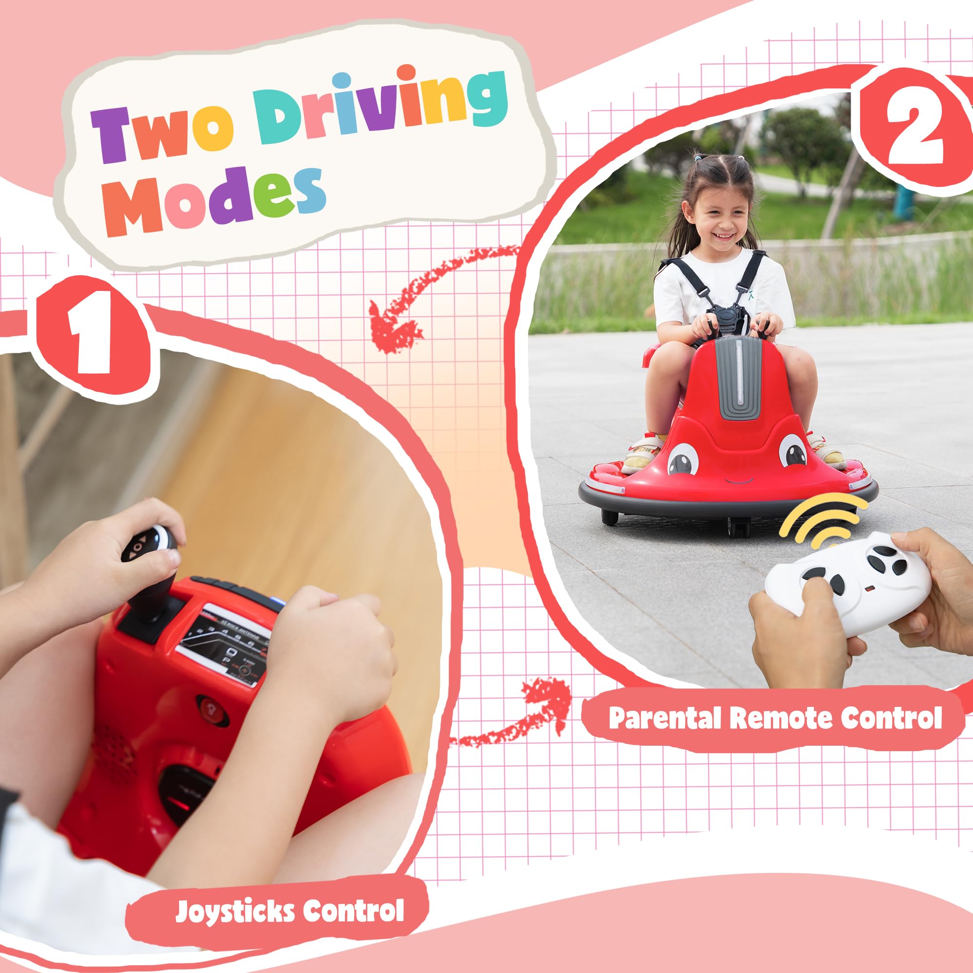 TOBBI 12V Kids Ride on Electric Bumper Snail Car with Remote Control/360 Degree Spin/DIY Sticker/LED Lights for Toddlers Age 3-9 (Red)