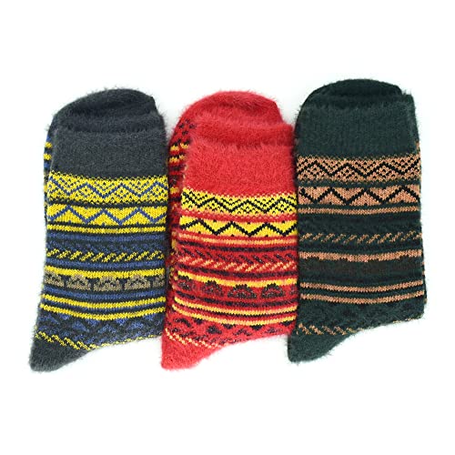 TSoduce Winter Wool Socks for Women Vintage Warm Thick Cozy Rabbit Wool Thermal Boot Crew Hiking Ladies Socks Pack 3 Pairs (Group A)
