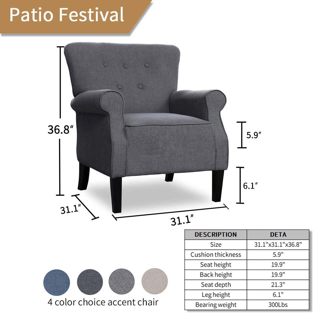 PatioFestival Accent Chair Mid Century Upholstered Roy Arm Single Sofa Modern Comfy Furniture Sofa for Living Room,Club,Office,Bedroom (Large, Deep Grey)