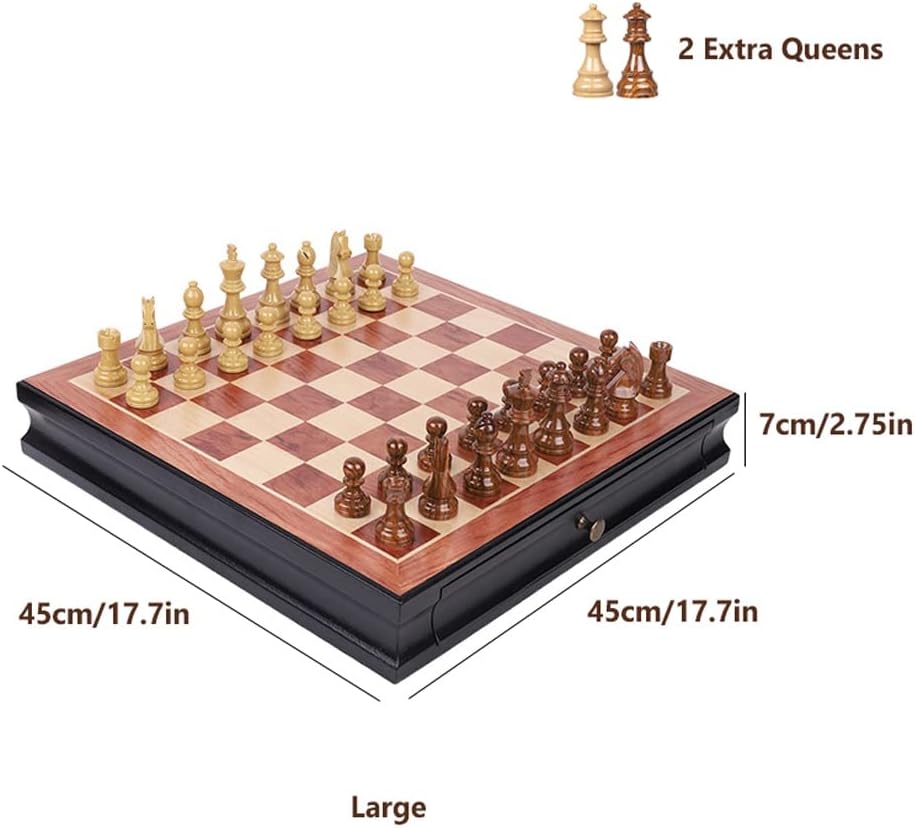Wooden Chess Set 18" Deluxe Chess Board with 2 Drawers & Handmade Pieces Professional Chess Game Table Set for Adults