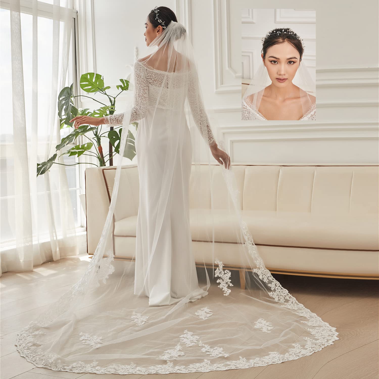 SYZ-inems Wedding Veil and Tiara, Veils for Brides, 1 Tier Lace Cathedral Wedding Veil with Comb (59" W-118 L,White)