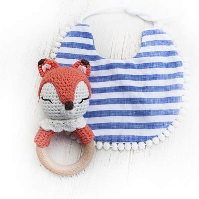 Natural Crochet Teether Toy Rattle for Baby Forest Friends Amigurumi Crochet Bunny Deer Fox on Natural Wooden Teething Ring Rattle and Beaded Pacifier Clip (Foxy)