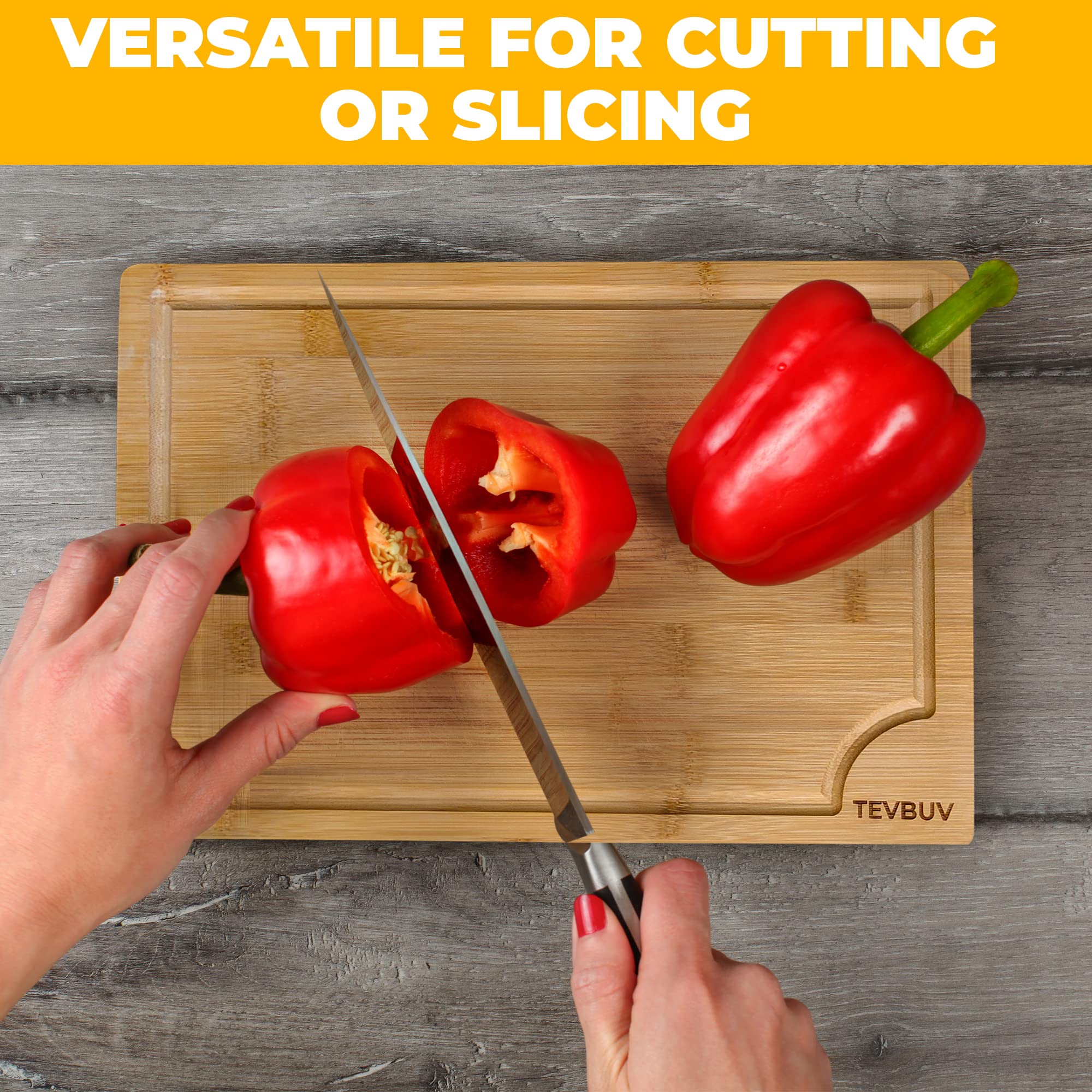 TEVBUV Large Bamboo Cutting Board – 18 x 12-inch Chopping Board with Juice Groove for Meat, Vegetables, Fruits, Cheese – Multipurpose Wooden Cutting Board, Serving Tray, Charcuterie Board with Handle