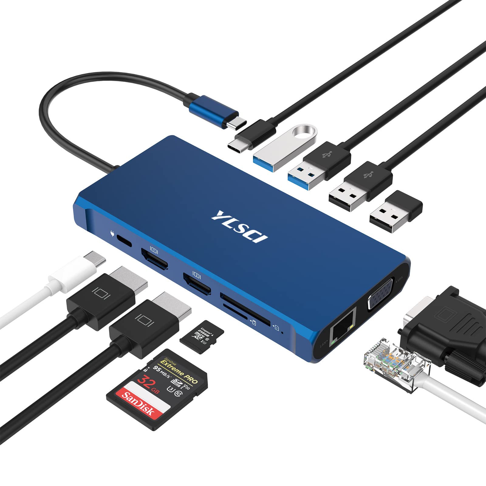 YLSCI 12 in 1 Laptop Docking Station, Triple Display USB C Hub Adapter with Dual 4K HDMI & VGA, 2 x USB 3.0 & 2 x USB 2.0, USB-C 3.0, Gigabit Ethernet LAN, Type C PD, SD/TF Card Reader (Blue)