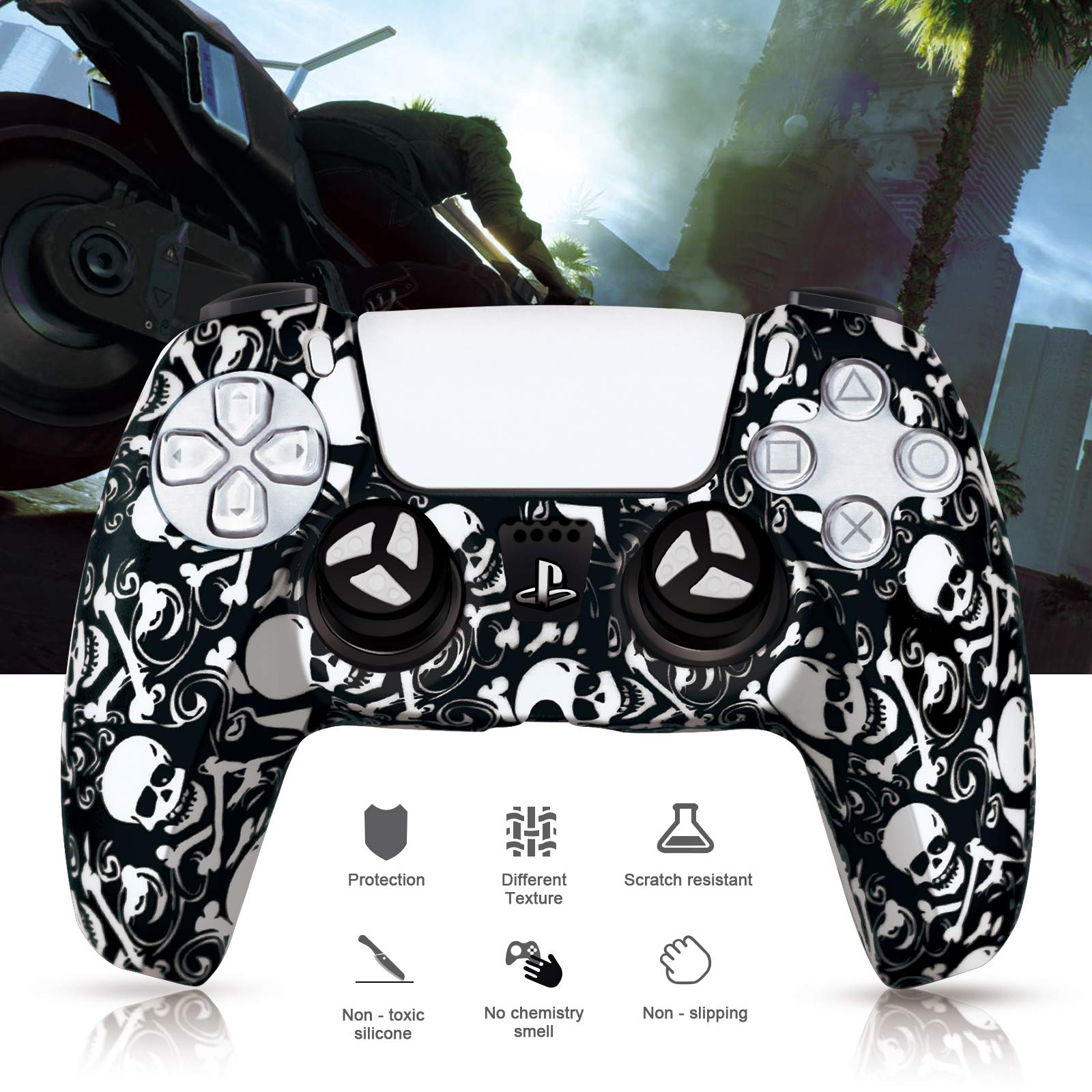 SIKEMAY Silicone Printing Cover Skin for PS5 Controller Grip, Protective Case for Playstation 5 Accessories with 10 Thumb Grip Caps(Dark Skull)