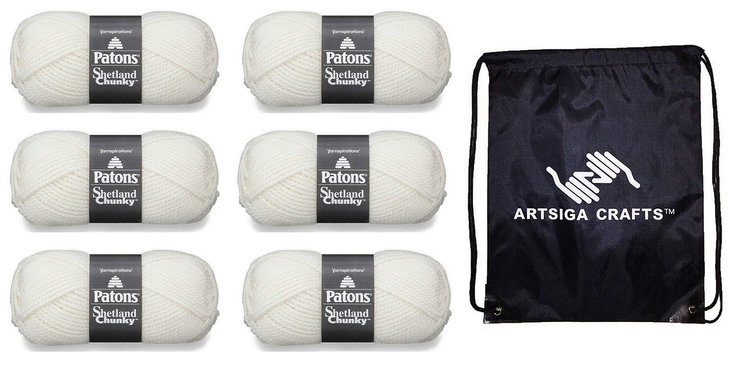 Patons Knitting Yarn Shetland Chunky White 6-Skein Factory Pack (Same Dye Lot) 241078-78006 Bundle with 1 Artsiga Crafts Project Bag