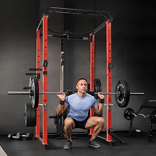 RitFit Power Cage with LAT Pull Down and 360° Landmine, 1000LB Capacity Power Rack Full Home Gym for Weightlifting, Come with J-Cups,Dip Bars and Other Attachments (2023 Version PPC02)-Orange