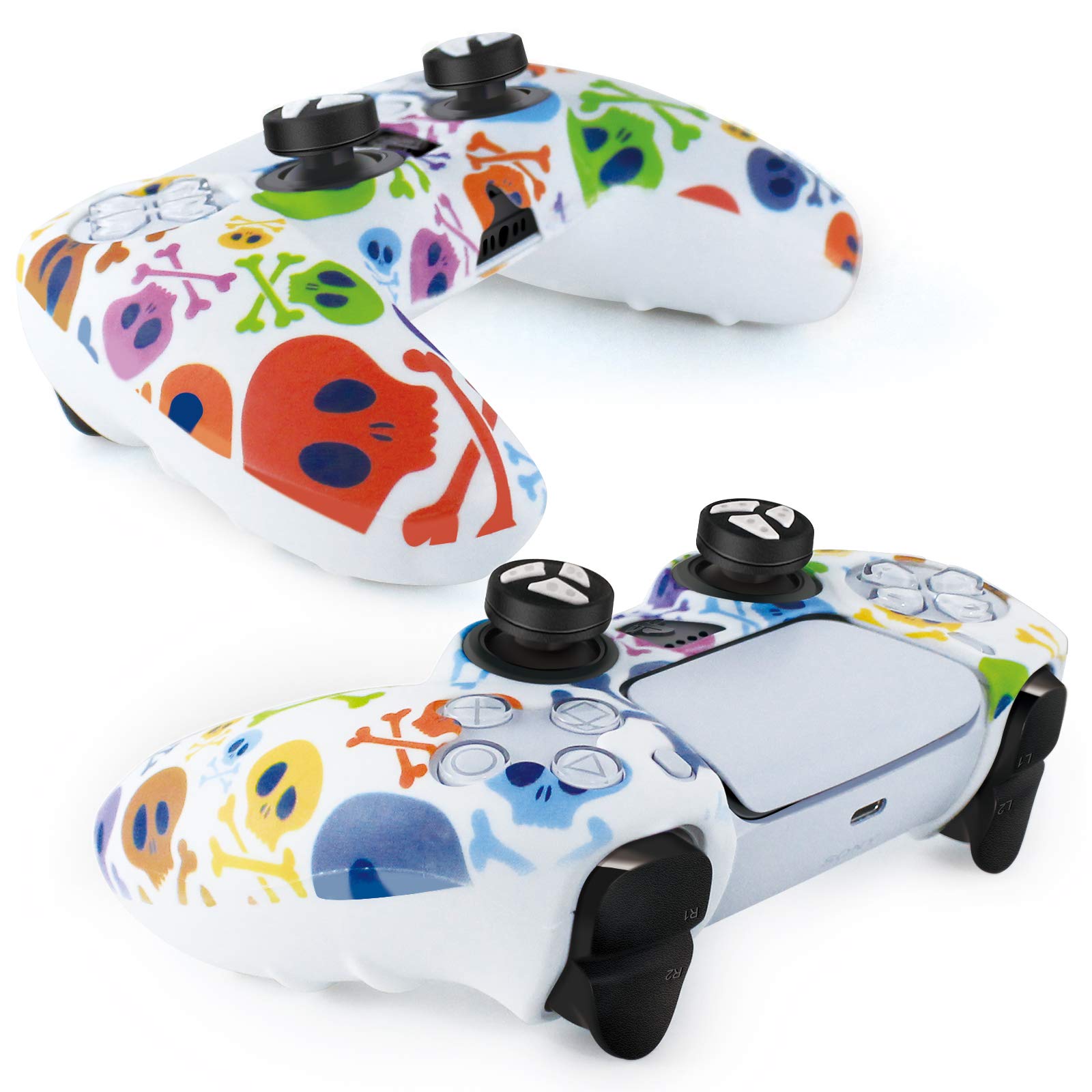 SIKEMAY Silicone Printing Cover Skin for PS5 Controller Grip, Protective Case for Playstation 5 Accessories with 10 Thumb Grip Caps(Colorful Skull)