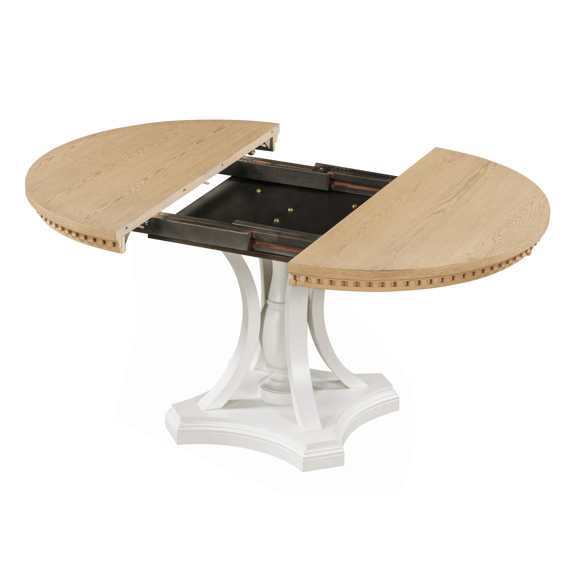 MengK Retro 5-Piece Dining Set Extendable Round Table and 4 Chairs for Kitchen Dining Room (Natural Wood Oak + Antique White)